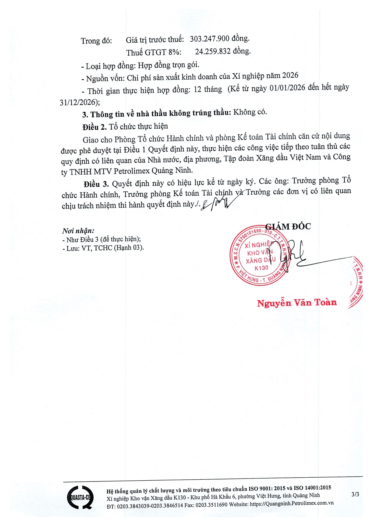 Xí nghiệp Kho vận Xăng dầu K130 thông báo quyết định phê duyệt kết quả ...